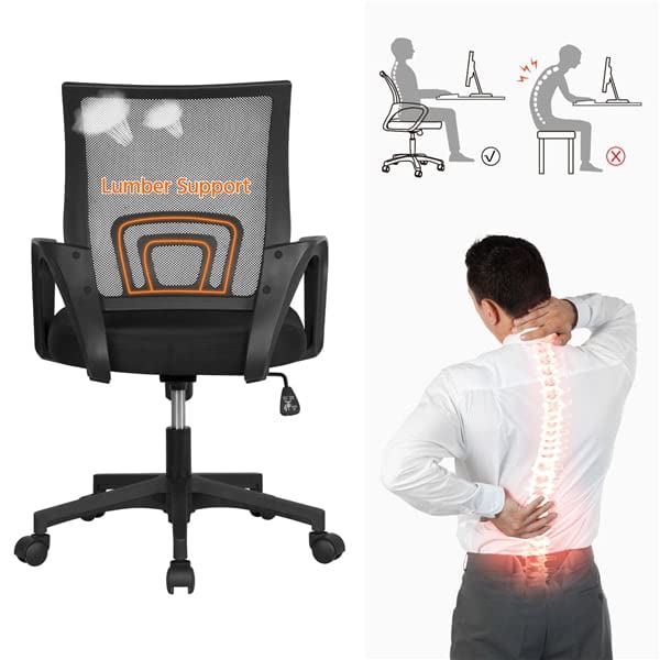 Home Office Chair Ergonomic Desk Chair, Adjustable Mid Back Mesh Swivel Office Chair with Armrests, Executive Rolling Swivel Adjustable Mid Back Task Chair, Black