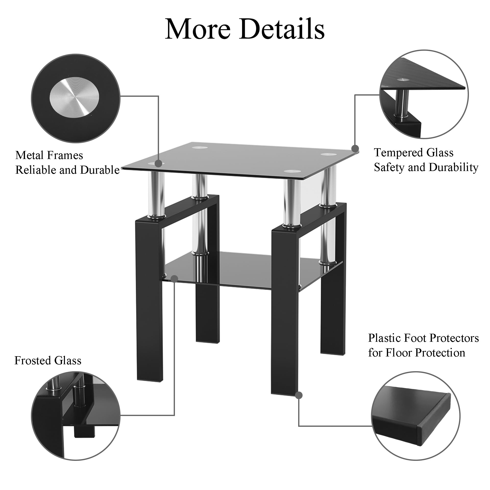 GSSDEE Glass Coffee Table and End Table Set of 3, 2-Tier Classic Design, Tempered Glass Top & Solid Metal Legs Table Set, Use for Livingroom Center Table, Sofa Nightstand (Black, Lift top Set of 3)
