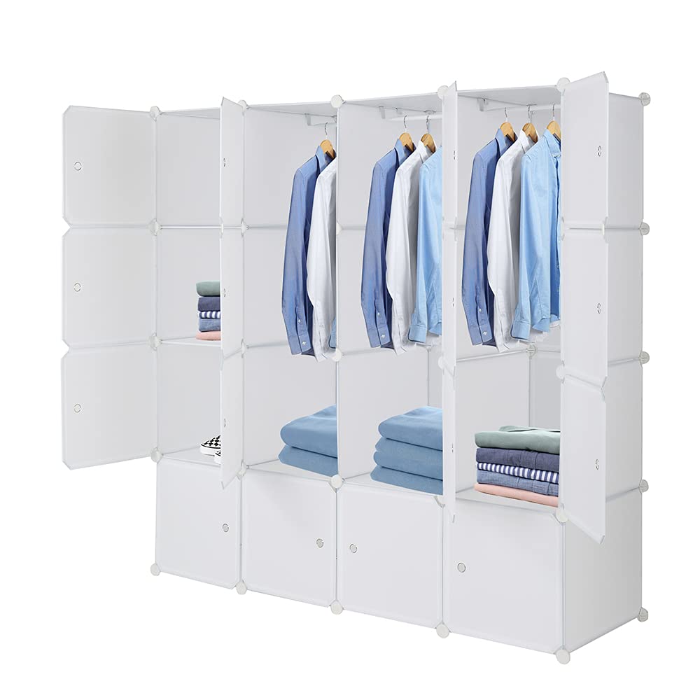 Maximize Home Organization with Stackable Modular Shelving Closet Organizer Plastic Storage Cubes with Hanging Rod and Wardrobe Cabinet - White Doors