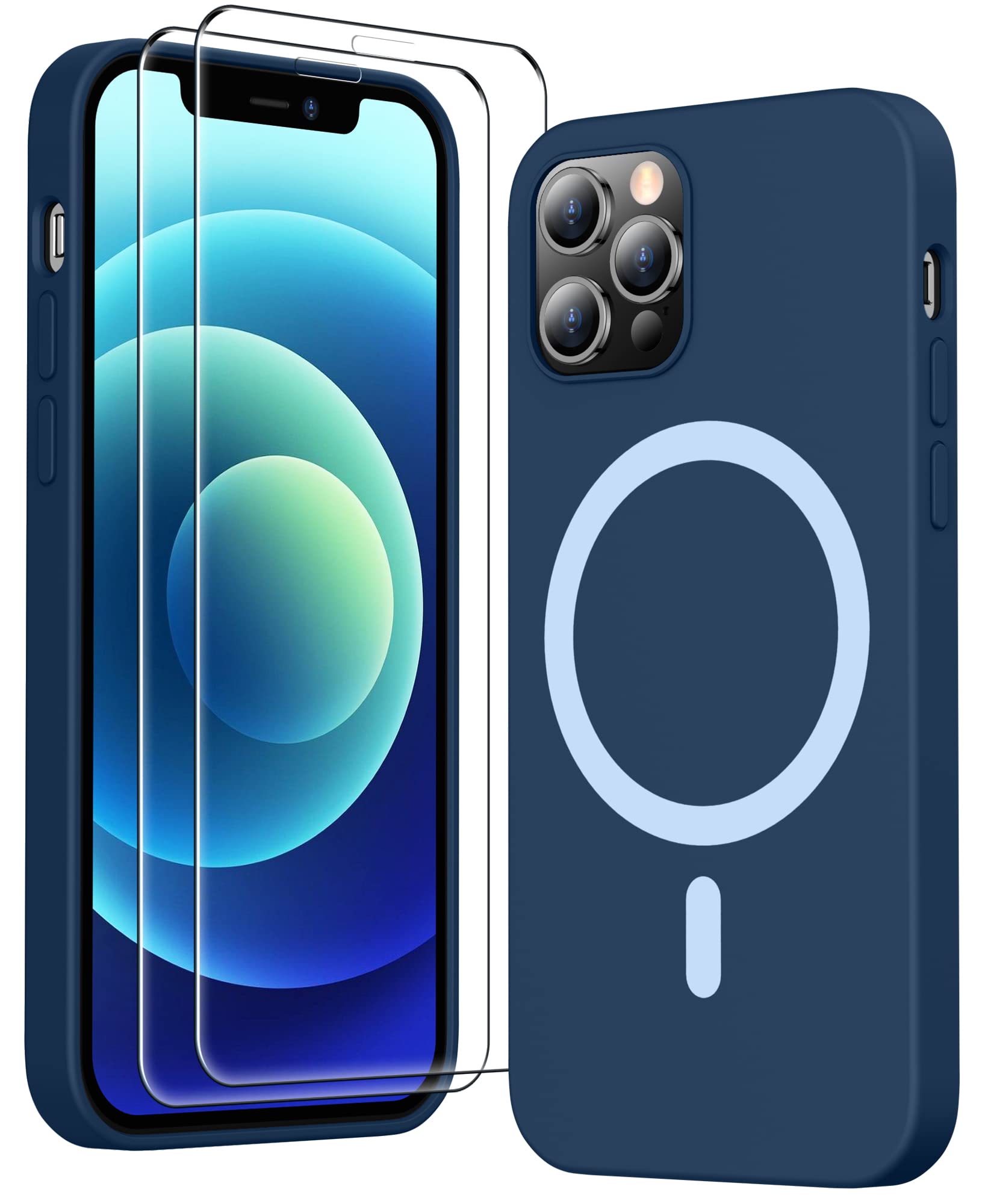 Temdan Liquid Silicone for iPhone 12 Case for iPhone 12 Pro Case with Magsafe,[2*Glass Screen Protector][Soft Anti-Scratch] Shockproof for iPhone 12 Case iPhone 12 Pro Case 6.1 inch-Seablue