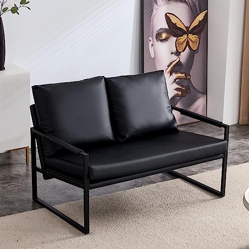 Uunquee Mid-Century Modern Loveseat Sofa,PU Leather 2 Seater Sofa Chair with 2 Pillows,Black Upholstered Accent Chair with Arms for Living Room,Office