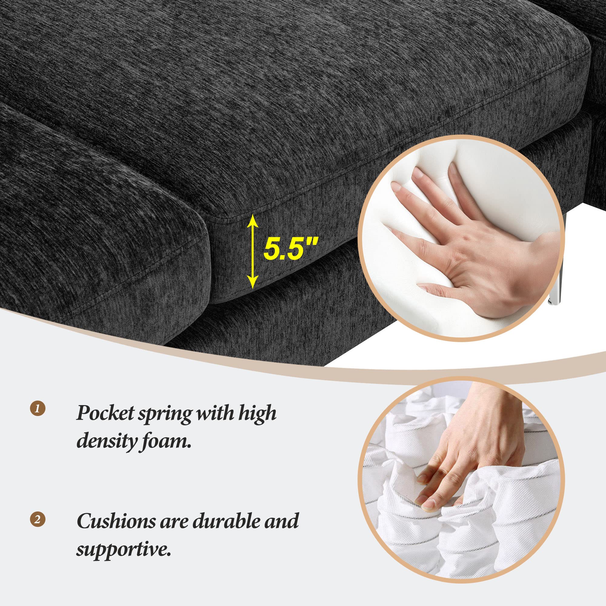 KoiHome 84" Convertible Sectional 2 Pillows, Modern Chenille L-Shaped Couch with Reversible Chaise Lounge, 3-Seater Sleeper Sofa, Fit for Living Room,Office,Apartment, Polyester, Black
