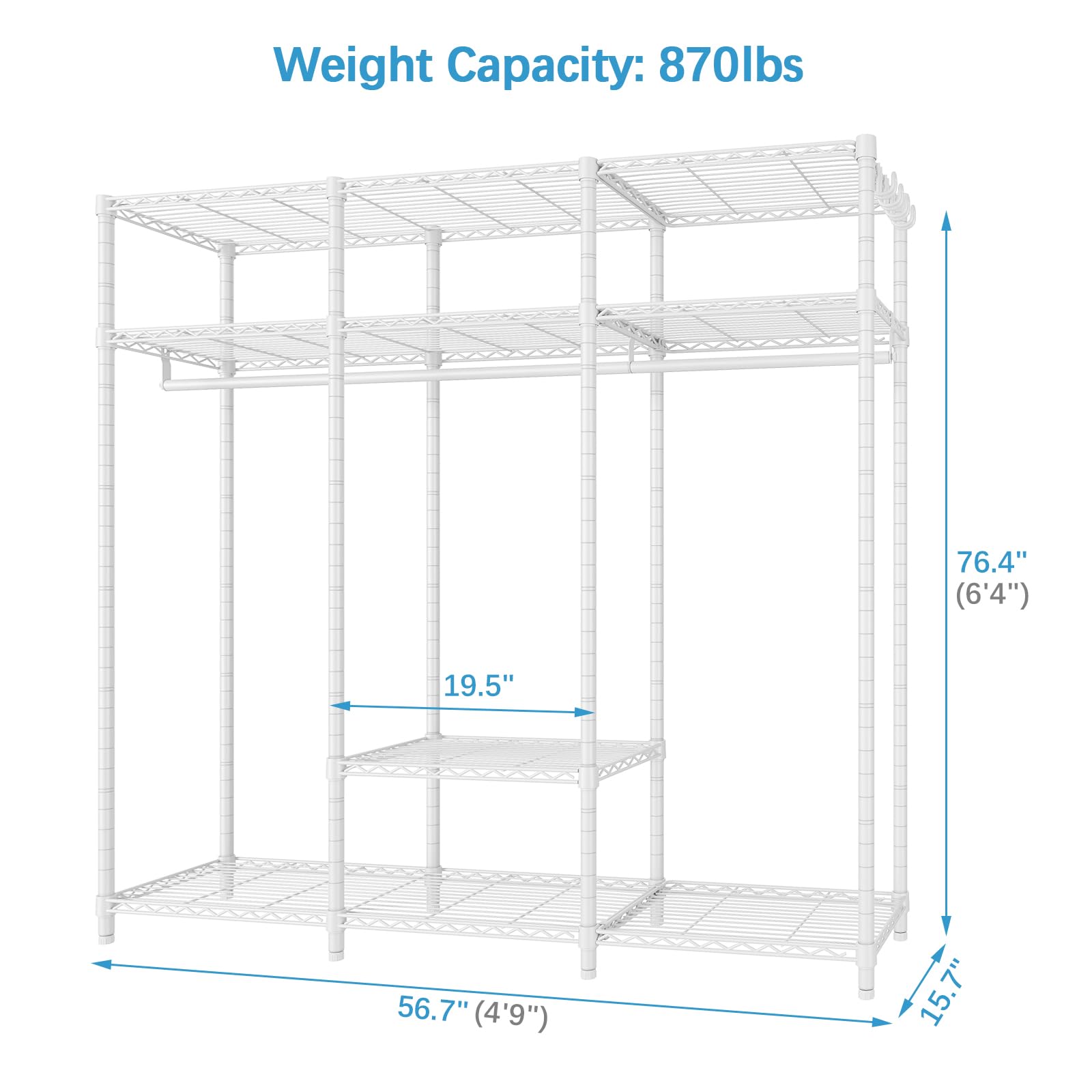 VIPEK V30 Heavy Duty Clothes Rack with 7 Adjustable Shelves & 2 Hang Rods, Portable Closet Rack, Metal Clothing Rack, Freestanding Wardrobe Closet for Hanging Clothes, Max Load 870lbs