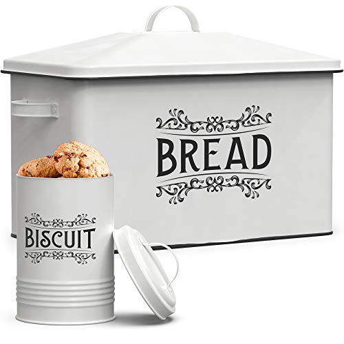 NOOK & FORK Farmhouse Bread Box - XL Size Bread Storage Container with Matching Biscuit Tin in White Metal - Bread Boxes For Kitchen Counter Extra Large (Vintage Design)