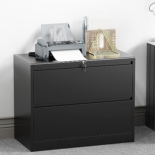 Hak 2 Drawer Lateral File Cabinet with Lock, Black Metal Filing Cabinet for Home Office, Locking Office File Cabinet for Hanging Files Letter/Legal/F4/A4 Size