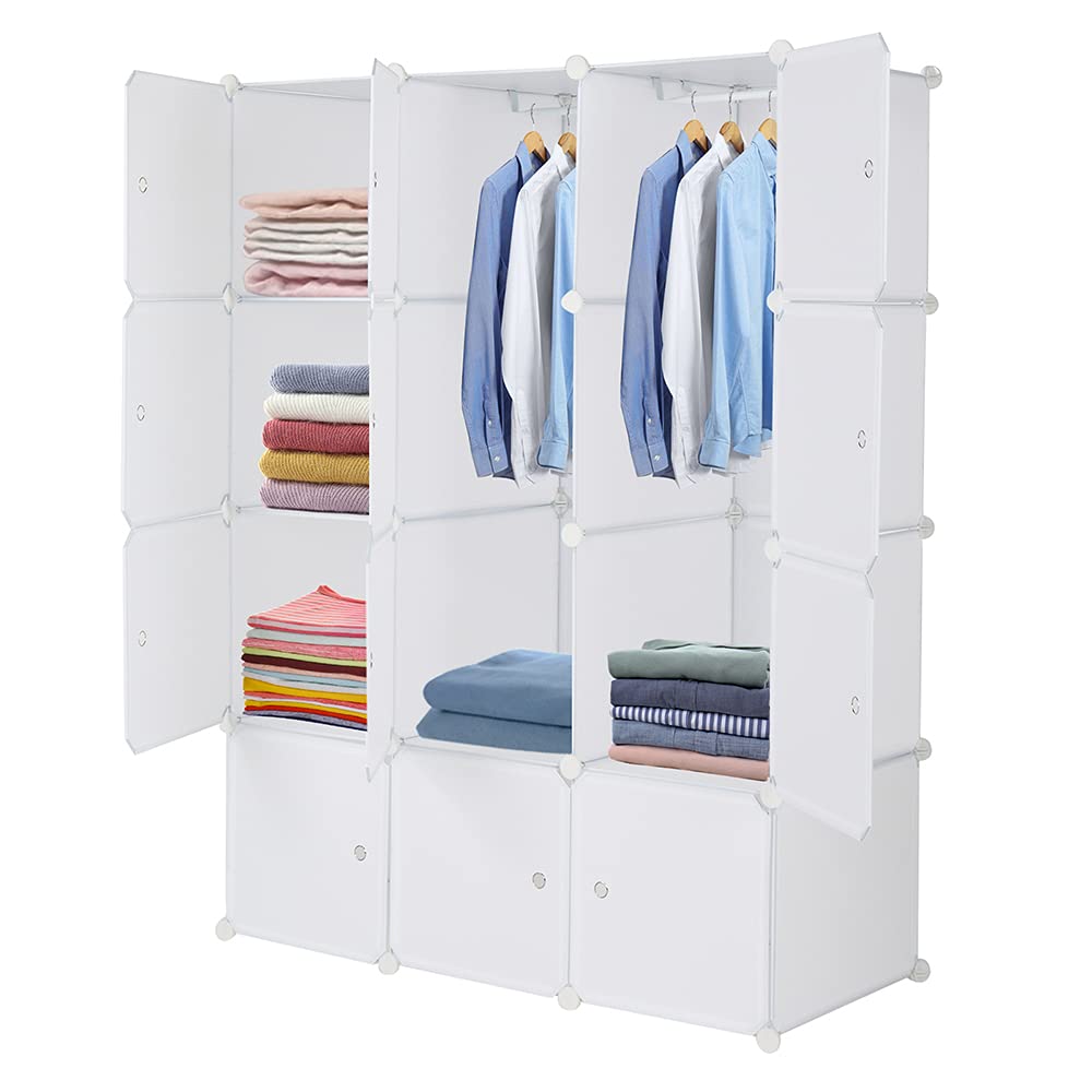 Wardrobe 12 Cube Organizer Stackable Plastic Cube Storage Shelves Design Multifunctional Modular Closet Cabinet with Hanging Rod White Doors