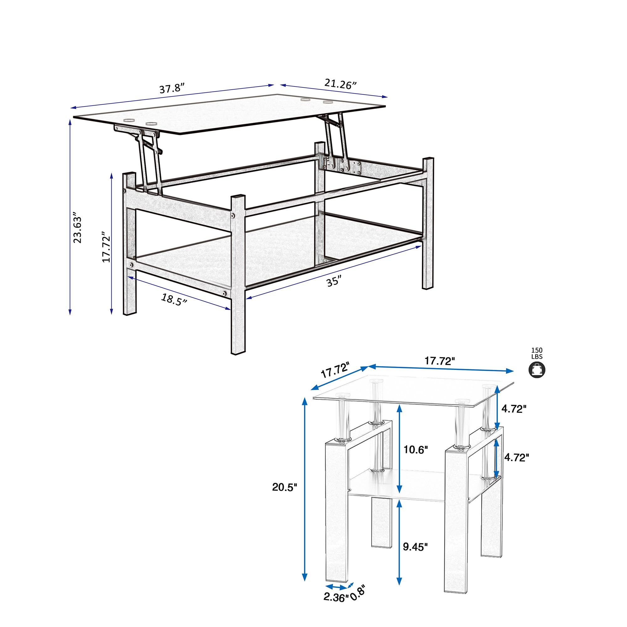 GSSDEE Glass Coffee Table and End Table Set of 3, 2-Tier Classic Design, Tempered Glass Top & Solid Metal Legs Table Set, Use for Livingroom Center Table, Sofa Nightstand (Black, Lift top Set of 3)