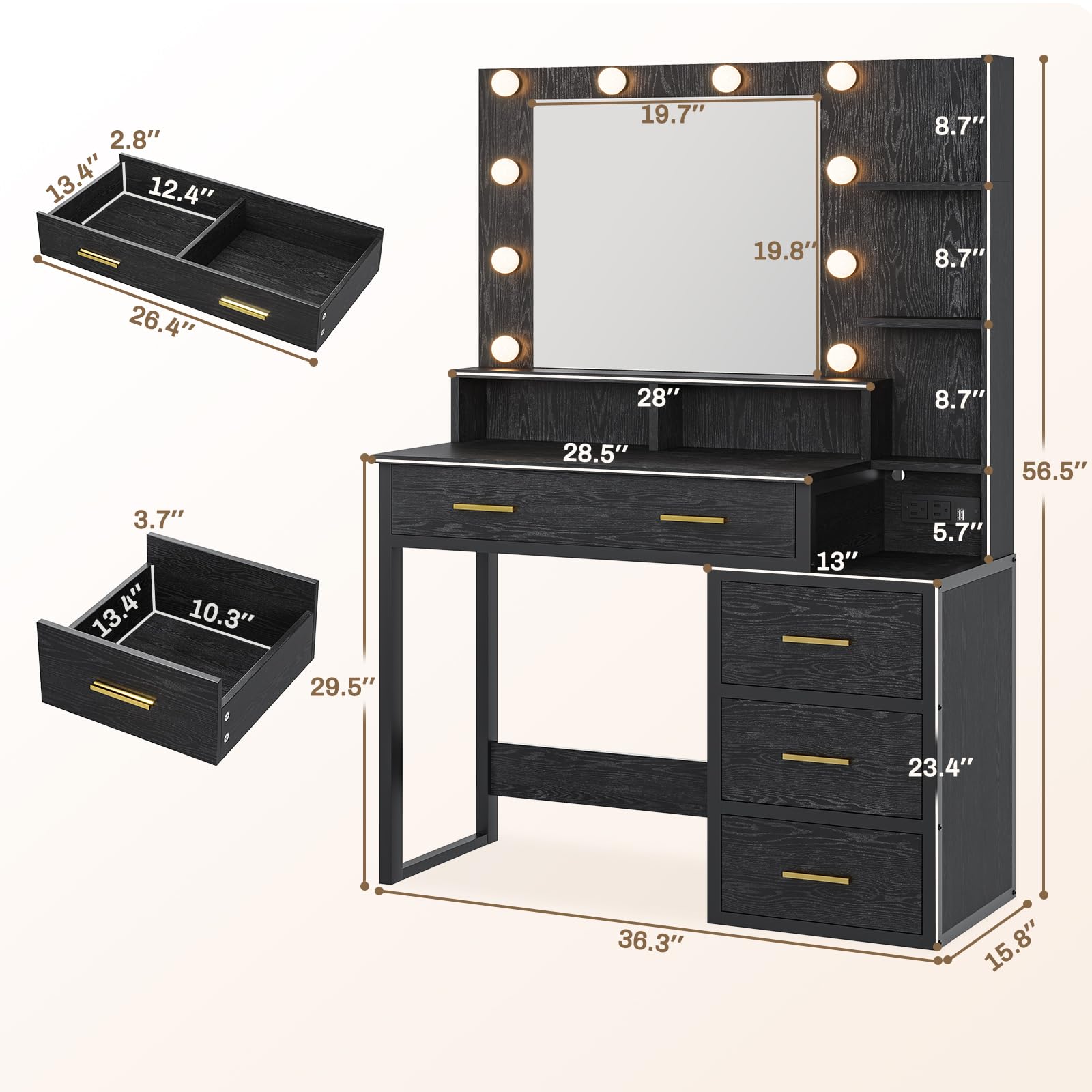 BTHFST Makeup Vanity with Lights and Charging Station, Black Vanity Desk with Mirror and Lights, Makeup Table with 5 Drawers and Shelves, Vanity Mirror with Lights Desk, Black Wood Grain