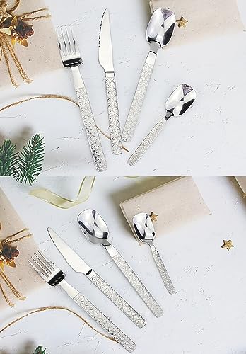 Silverware Set Flatware Cutlery Geometric Hammered Stainless Steel Kitchen Utensils Tableware,Mirror Finished,Service with Steak Knives Dinner Fork Knife Spoon