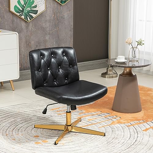 HomVent Armless Office Desk Chair No Wheels, PU Leather Tufted Padded Cute Desk Chair, Modern Ergonomic Computer Desk Chair w/Gold Cross Base,Adjustable Swivel Desk Chair for Makeup Vanity Study Black
