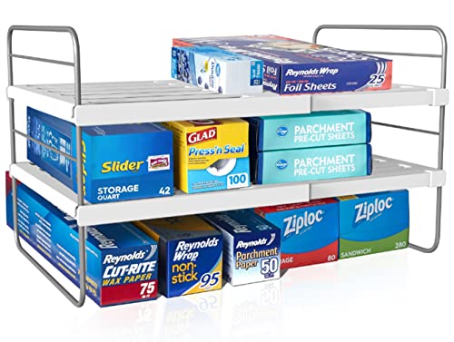 1Easylife Expandable Foil Organizer, 3-Tier Stackable Cabinet Shelf Organizers Adjustable Kitchen Wrap Box Organiser Rack Storage for Countertop Pantry(9.84 to 15.74" L)