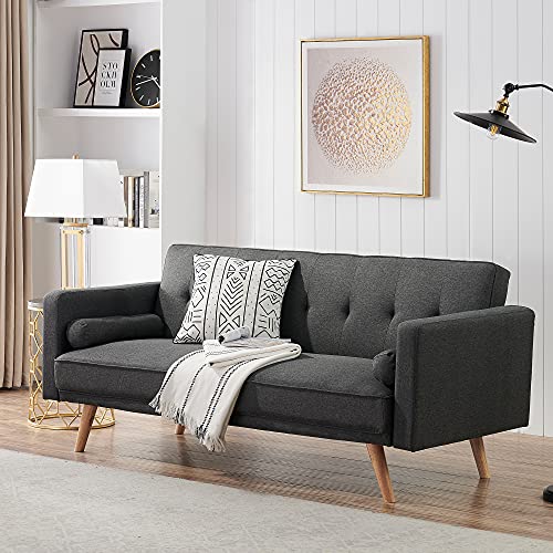 ERYE Modern Loveseat Convertible Sleeper Couch Bed, Tufted Upholstered Futon Sofabed for Living Room,2 Seater Comfy Love Seat Daybed Sofas, Twin, Dark Gray Linen w/2 Pillows A