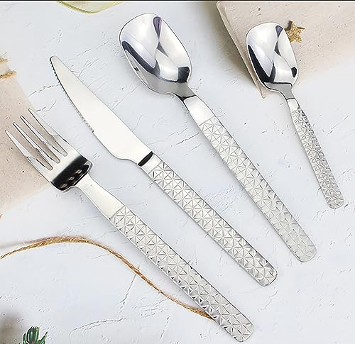 Silverware Set Flatware Cutlery Geometric Hammered Stainless Steel Kitchen Utensils Tableware,Mirror Finished,Service with Steak Knives Dinner Fork Knife Spoon