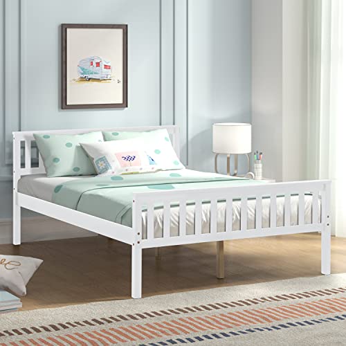Prohon Full Size Platform Bed Frame with Vertical Openwork Design Headboard & Footboard, Wooden Slat Support with Large Underbed Storage Space, Simple Style Bedframe for Kids, Teen, Adults, White