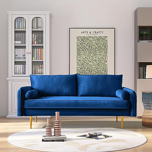 Imbesty 3-Seater Sofa for Small Space，71” Velvet Loveseat Sofa, Mid Century Futon Couch with Golden Metal Legs and Armrest Pocket, Small Couches for Living Room, Bedroom, Apartment (Blue)