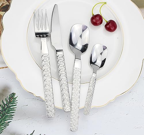Silverware Set Flatware Cutlery Geometric Hammered Stainless Steel Kitchen Utensils Tableware,Mirror Finished,Service with Steak Knives Dinner Fork Knife Spoon