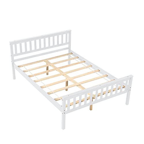 Prohon Full Size Platform Bed Frame with Vertical Openwork Design Headboard & Footboard, Wooden Slat Support with Large Underbed Storage Space, Simple Style Bedframe for Kids, Teen, Adults, White