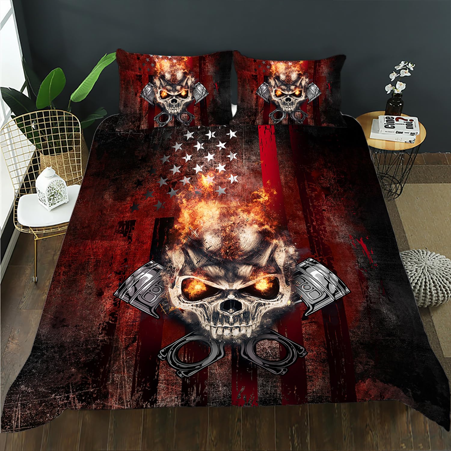 AILONEN Flame Skull Duvet Cover Set King Size - American Flag Comforter Cover Set,Burning Flame Skull Bedding Set,Halloween Vintage Skeleton Luxurious Breathable Quilt Cover and 2 Pillowcases,3PCS
