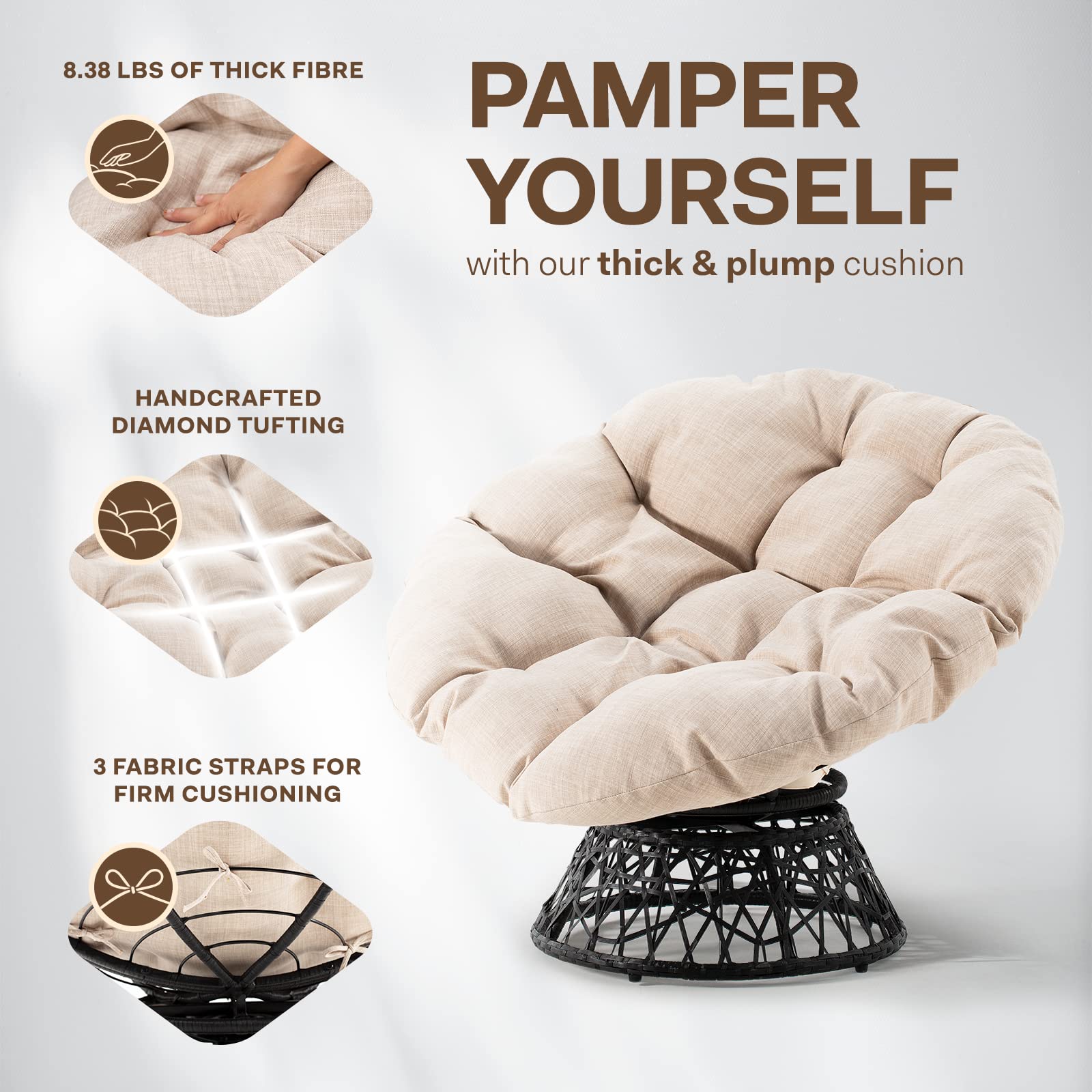 Bme Ergonomic Wicker Papasan Chair with dCee Cat Couch - Small Dog Sofa Light Gray, Soft Thick Density Fabric Cushion, High Capacity for Livingroom, Bedroom, Reading Room