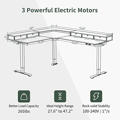 BANTI Triple Motor 75" L-Shape Standing Desk with 5 Drawers, Sit Stand Home Office Desk, Computer Workstation Corner Standing Desk with Spliced Panels, White Top