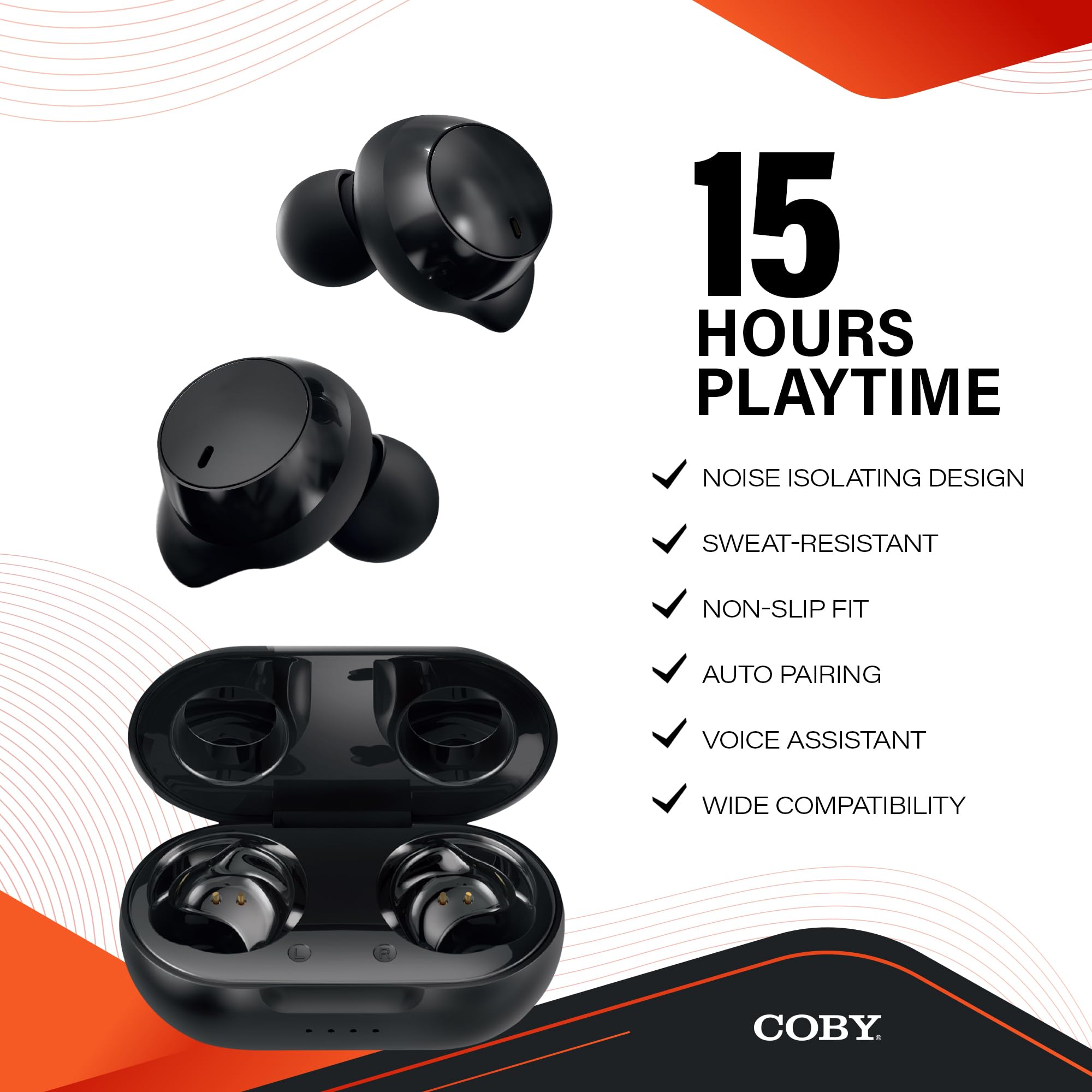 Coby Pro Fitness True Wireless Earbuds w/Charging Case | Sweat Resistant, Noise-Isolation, Auto-Pair, HD Audio, 15-HR Play Bluetooth Fitness Buds | Siri, Google Compatible, Hands-Free Calls (Black)