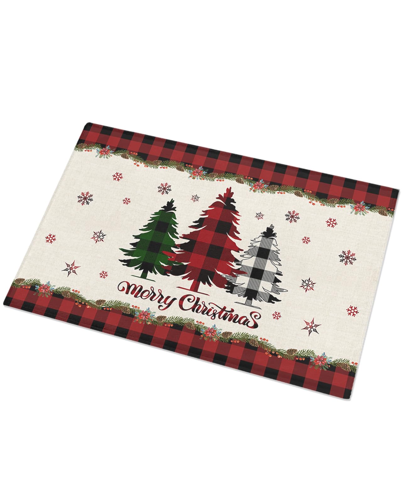 Indoor Doormat Xmas Tree Winter Snow,Shaggy Floor Mat with Non-Skid Backing Pine Cones Red Black Buffalo Check,Machine Washable Plush Area Rug Carpets for Kitchen Nursery Bedroom 16x24in