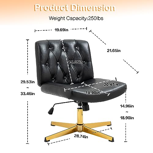 HomVent Armless Office Desk Chair No Wheels, PU Leather Tufted Padded Cute Desk Chair, Modern Ergonomic Computer Desk Chair w/Gold Cross Base,Adjustable Swivel Desk Chair for Makeup Vanity Study Black