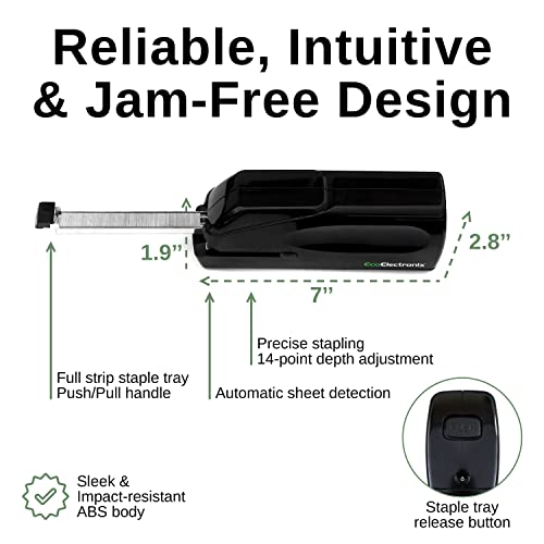 EcoElectronix Electric Stapler - Portable Automatic Stapler 30 Sheet Capacity - Quiet, Jam-Free, and Easy Reload with Lifetime Warranty - AC or Battery Powered for Professional Home Office Use - Black