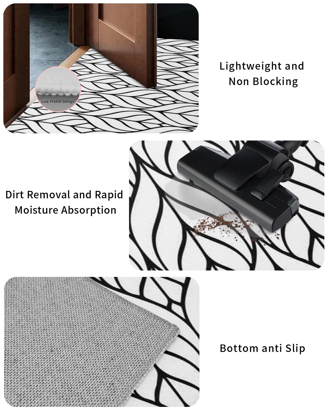 Welcome Mats, Black and White Leaf Tile Pattern Door Mat, Non-Slip Absorbent Large 20x47 Inch Outdoor Indoor Mat Low-Profile Floor Mat Doormat for Entryway/Patio/Garage