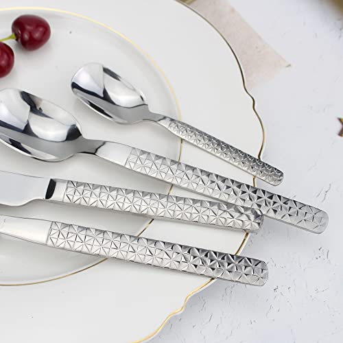 Silverware Set Flatware Cutlery Geometric Hammered Stainless Steel Kitchen Utensils Tableware,Mirror Finished,Service with Steak Knives Dinner Fork Knife Spoon