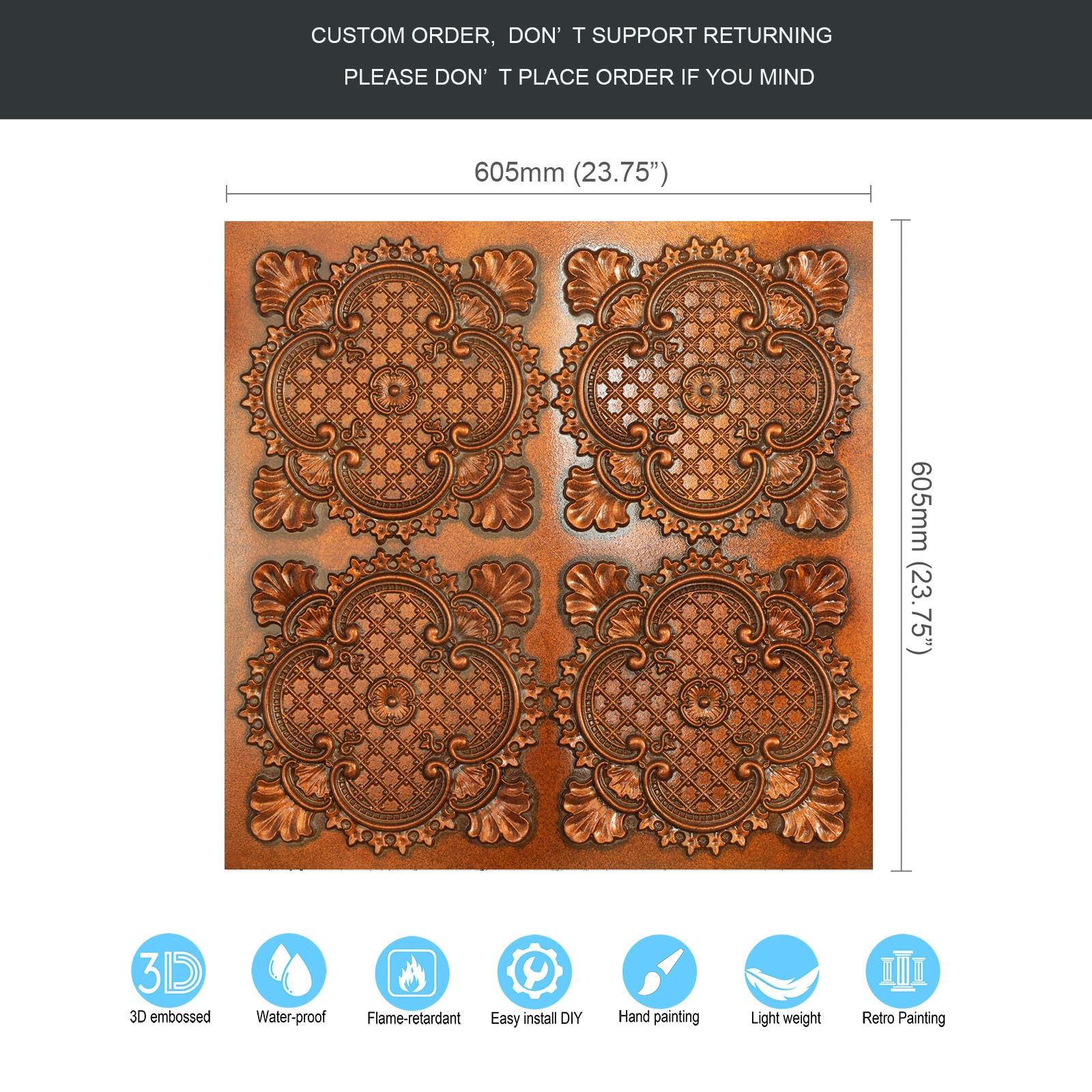 PAINTSDECOR Faux Plastic Ceiling Tiles Peel and Stick Tin Ceiling Tiles Distressed for Cafe Club Salon Hotel Store Bar 2'x2' PL80 Archaic Copper 10pcs