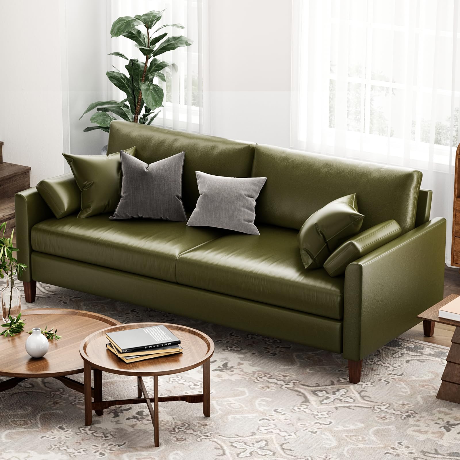 STARY 78" Faux Leather Comfy Couch for Living Room Sofas, Green