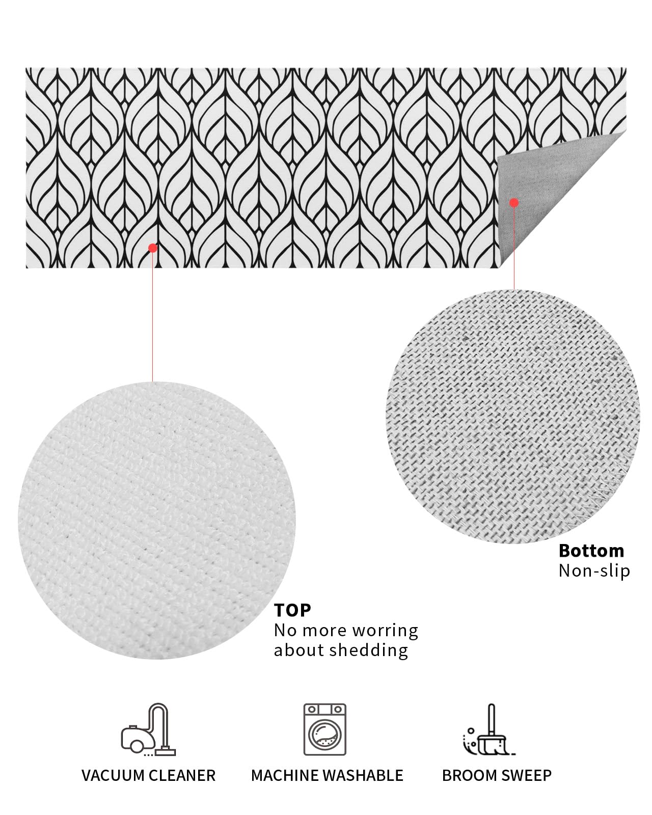 Welcome Mats, Black and White Leaf Tile Pattern Door Mat, Non-Slip Absorbent Large 20x47 Inch Outdoor Indoor Mat Low-Profile Floor Mat Doormat for Entryway/Patio/Garage