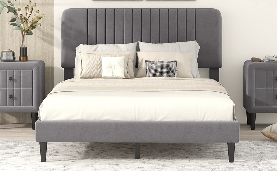 Harper & Bright Designs Full Size Upholstered Platform Bed for Boys Girls Kids Adults, No Box Spring Needed for Boys Girls Kids Adults, Velvet Fabric,Gray