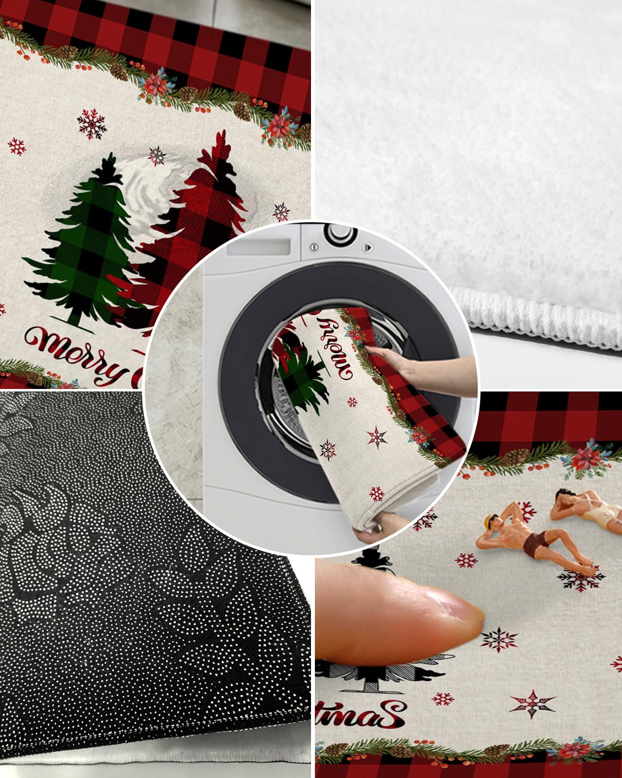 Indoor Doormat Xmas Tree Winter Snow,Shaggy Floor Mat with Non-Skid Backing Pine Cones Red Black Buffalo Check,Machine Washable Plush Area Rug Carpets for Kitchen Nursery Bedroom 16x24in
