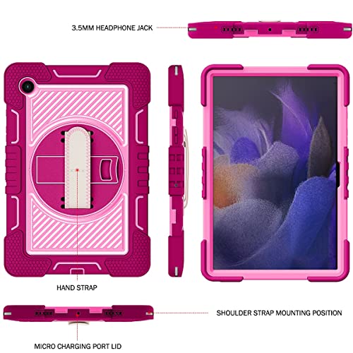 ZUBEE Cover Case Shockproof Protective Cover 360 Degree Rotating Bracket Case Compatible with Samsung Galaxy Tab A8 10.5-Inch 2021 (SM-X200/X205/X207) Protective Cover(Rose Red+Pink)