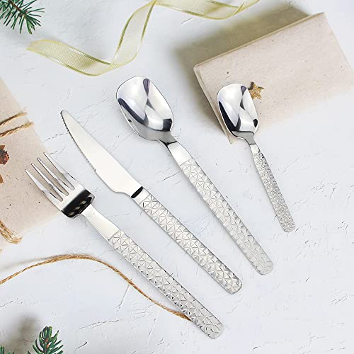 Silverware Set Flatware Cutlery Geometric Hammered Stainless Steel Kitchen Utensils Tableware,Mirror Finished,Service with Steak Knives Dinner Fork Knife Spoon