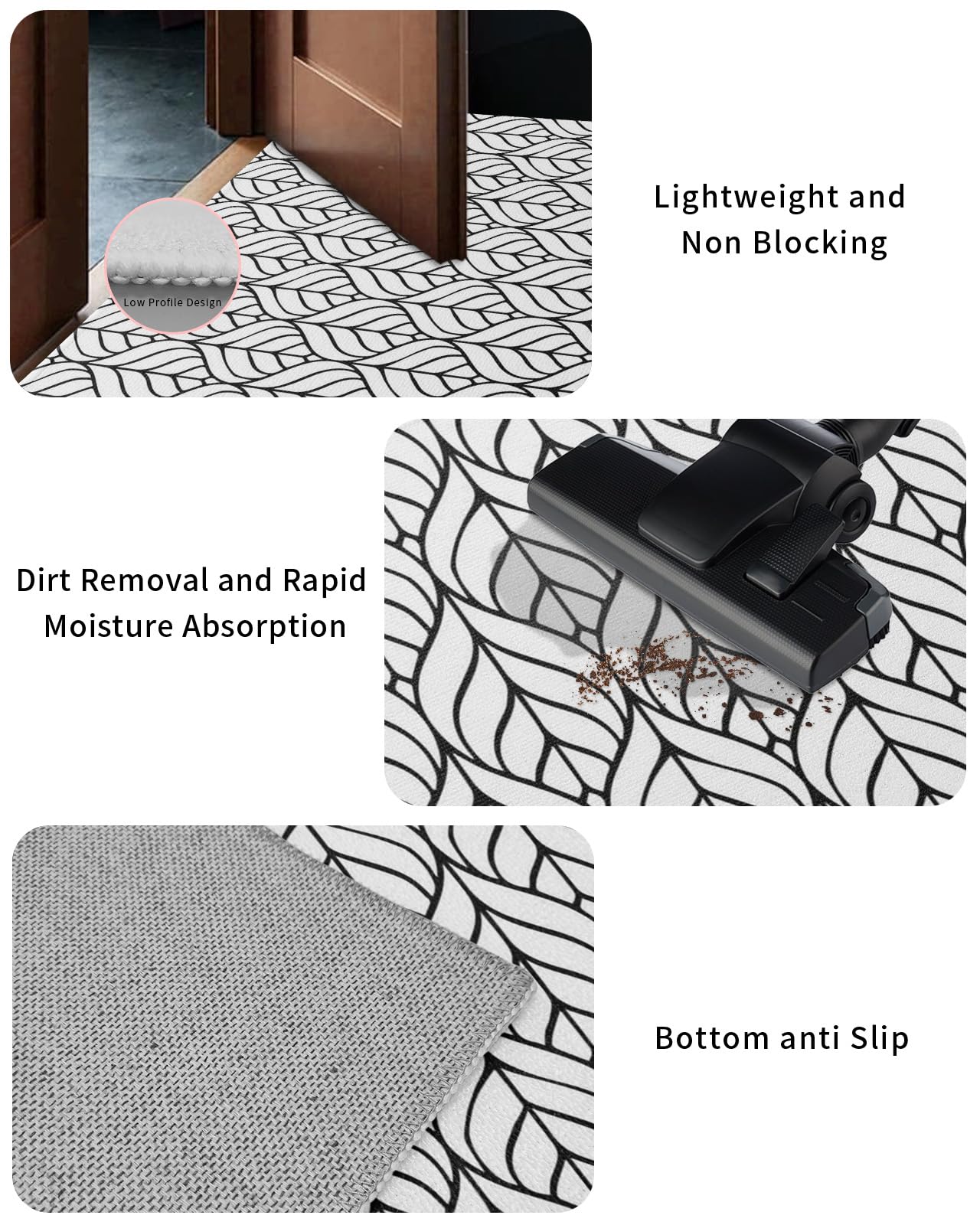 Indoor Outdoor Mats, Black and White Leaf Tile Pattern Door Mat, Non-Slip Absorbent Resist Dirt Entrance Mat Washable Welcome Mats for Entryway, Low-Profile Floor Mats
