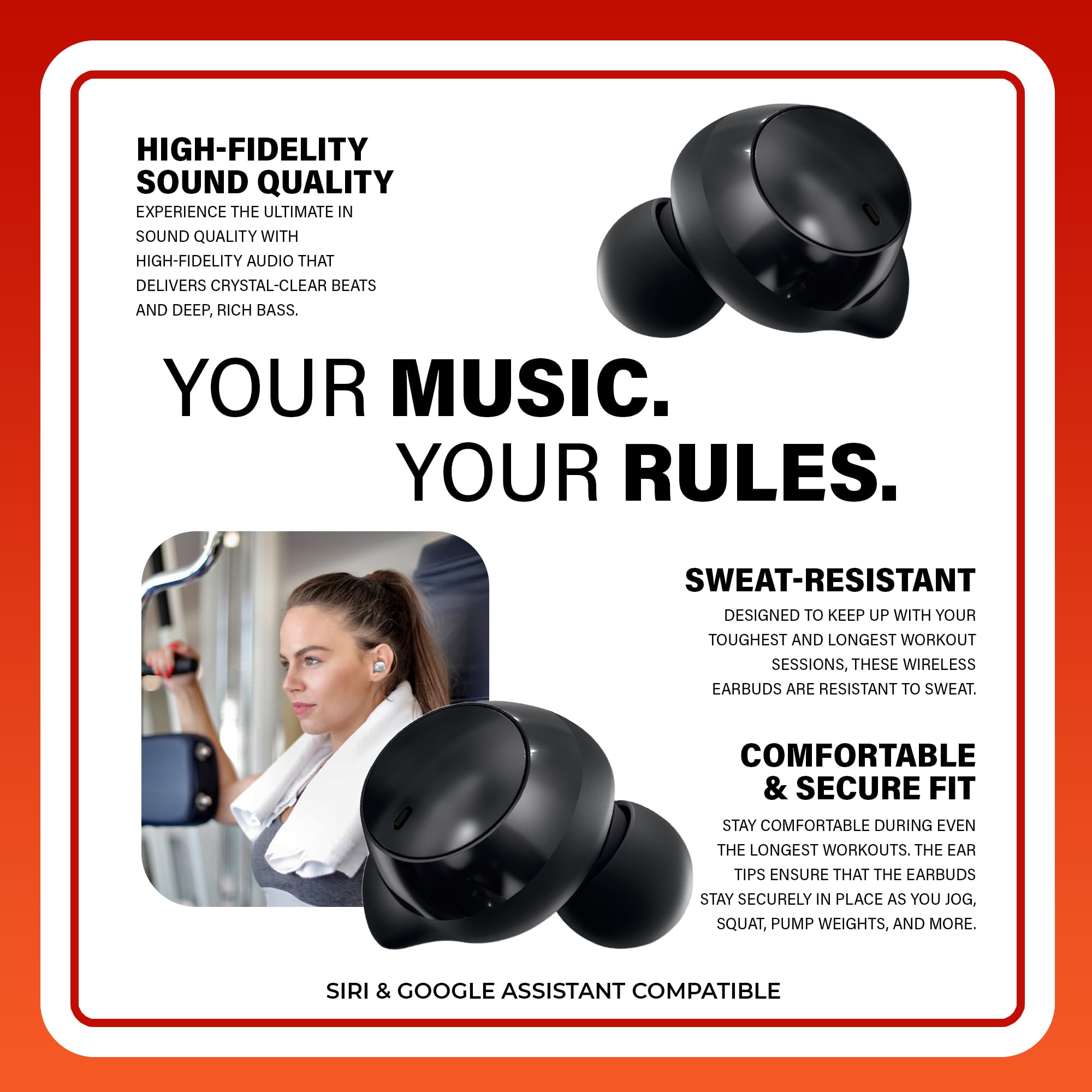 Coby Pro Fitness True Wireless Earbuds w/Charging Case | Sweat Resistant, Noise-Isolation, Auto-Pair, HD Audio, 15-HR Play Bluetooth Fitness Buds | Siri, Google Compatible, Hands-Free Calls (Black)