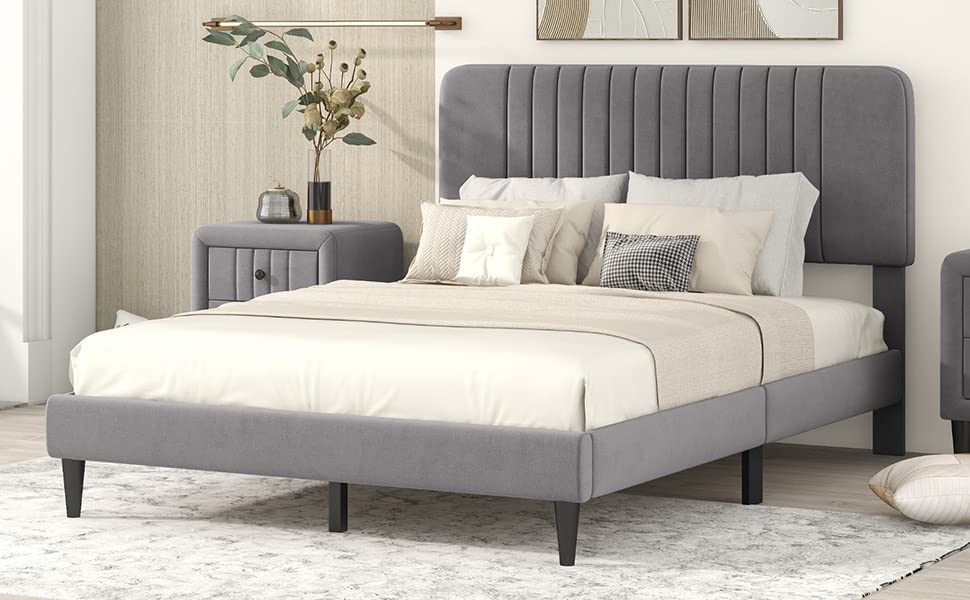 Harper & Bright Designs Full Size Upholstered Platform Bed for Boys Girls Kids Adults, No Box Spring Needed for Boys Girls Kids Adults, Velvet Fabric,Gray