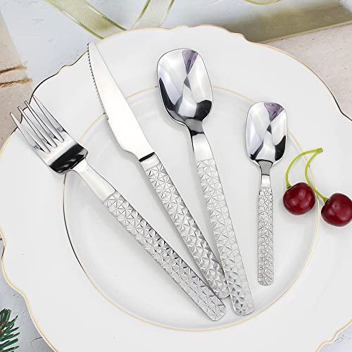 Silverware Set Flatware Cutlery Geometric Hammered Stainless Steel Kitchen Utensils Tableware,Mirror Finished,Service with Steak Knives Dinner Fork Knife Spoon