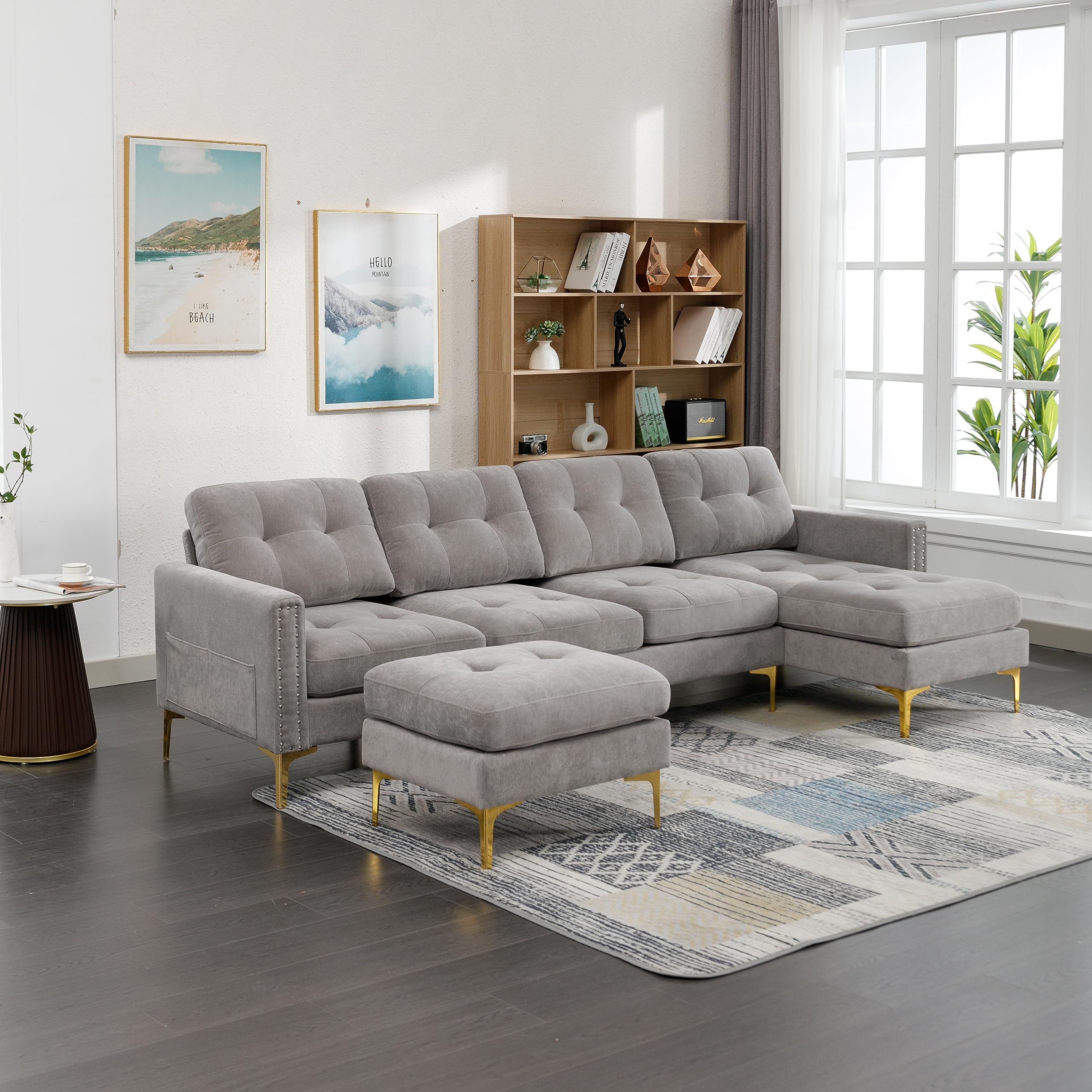 EMKK 110" Convertible Sectional Sofa Couch Furniture, 6 Seat Sofa for Living Room L/U Shaped Modern Fabric UpholsteredModular Sofá Sleeper with Double Chaise & Memory Foam & Movable Ottoman