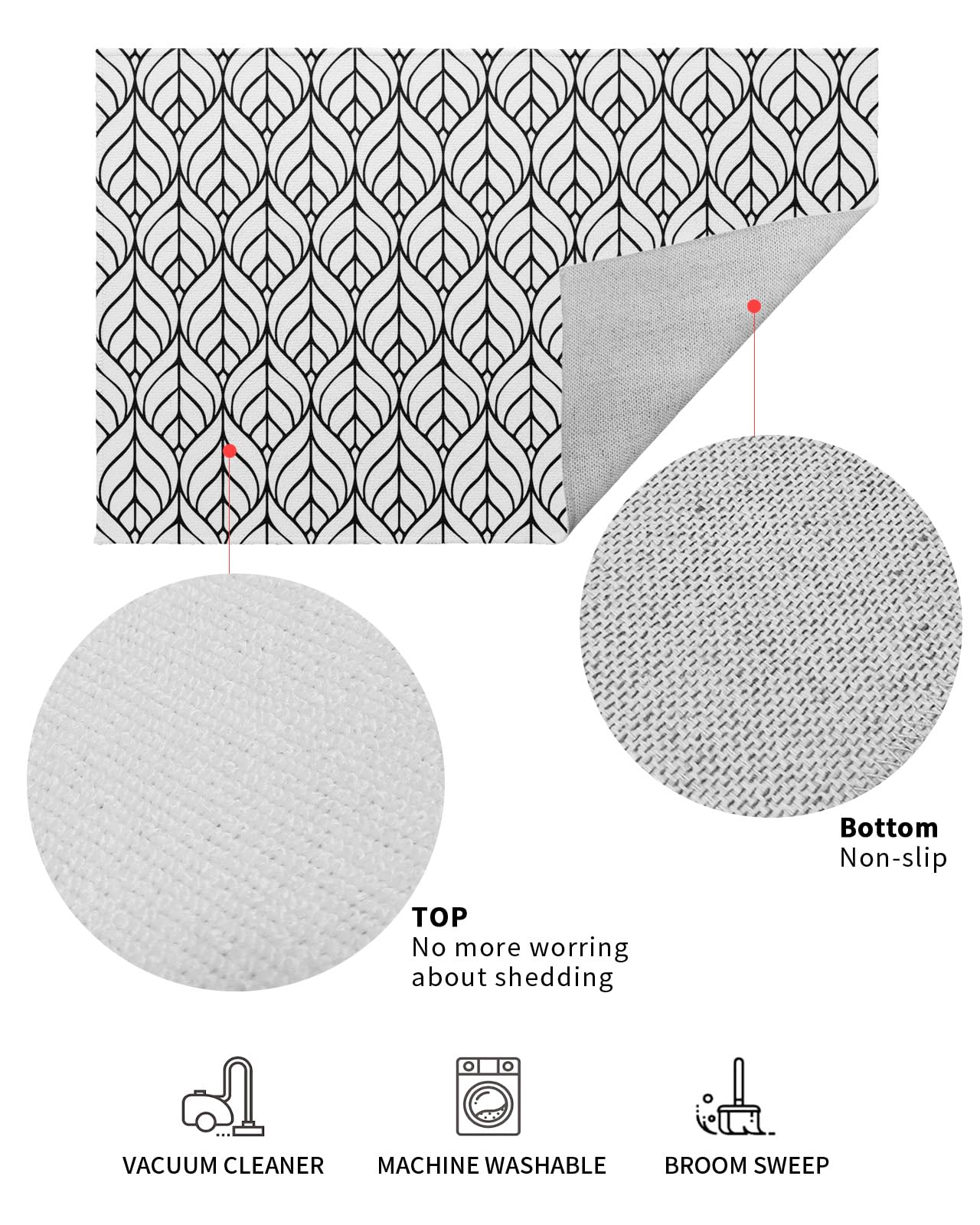 Indoor Outdoor Mats, Black and White Leaf Tile Pattern Door Mat, Non-Slip Absorbent Resist Dirt Entrance Mat Washable Welcome Mats for Entryway, Low-Profile Floor Mats