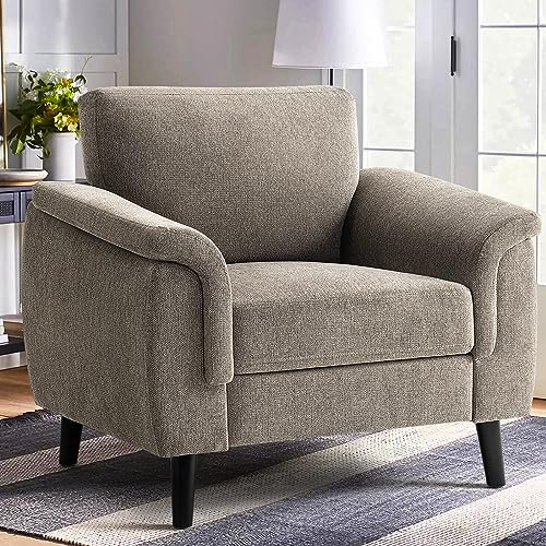 CDCASA Oversized Accent Chair, Linen Fabric Mid Century Modern Chair, Comfy Upholstered Armchair Reading Chairs Single Sofa Chairs with Wood Legs for Bedroom Living Room, Light Brown, 1PC