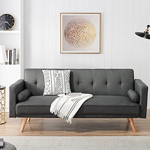 ERYE Modern Loveseat Convertible Sleeper Couch Bed, Tufted Upholstered Futon Sofabed for Living Room,2 Seater Comfy Love Seat Daybed Sofas, Twin, Dark Gray Linen w/2 Pillows A