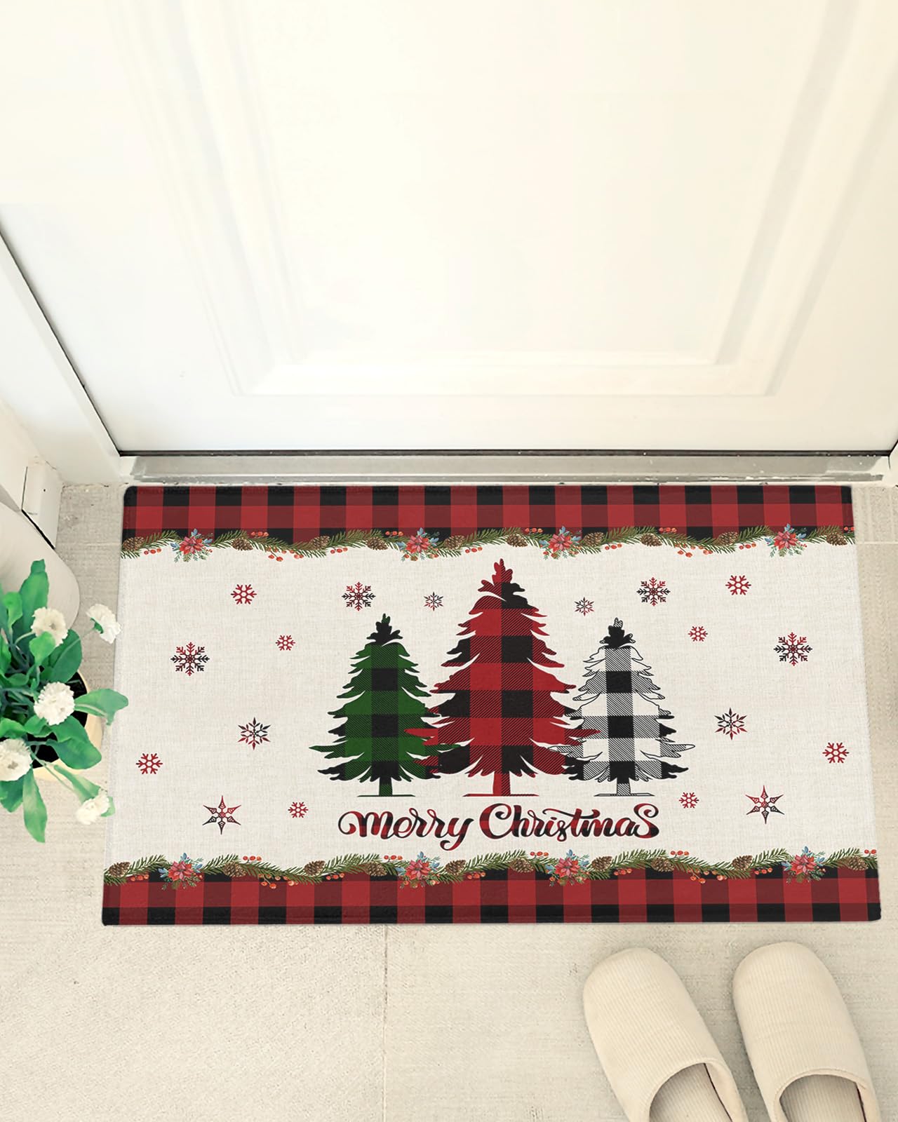Indoor Doormat Xmas Tree Winter Snow,Shaggy Floor Mat with Non-Skid Backing Pine Cones Red Black Buffalo Check,Machine Washable Plush Area Rug Carpets for Kitchen Nursery Bedroom 16x24in
