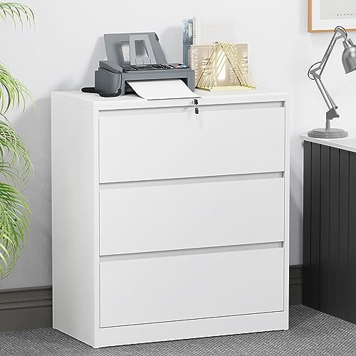 Hak Metal 3 Drawer Lateral File Cabinet with Lock, Black Office File Cabinet for Storing Legal/Letter A4 Size File, Mordent Locking Lateral Filing Cabinets for Home Office (White)