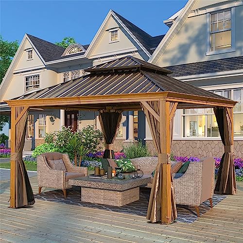 T-SKR Hardtop Gazebo, Wooden Coated Aluminum Frame Canopy with Galvanized Steel Double Roof, Outdoor Permanent Metal Pavilion with Curtains and Netting for Patio, Deck and Lawn (12'x12', Wood-Looking)