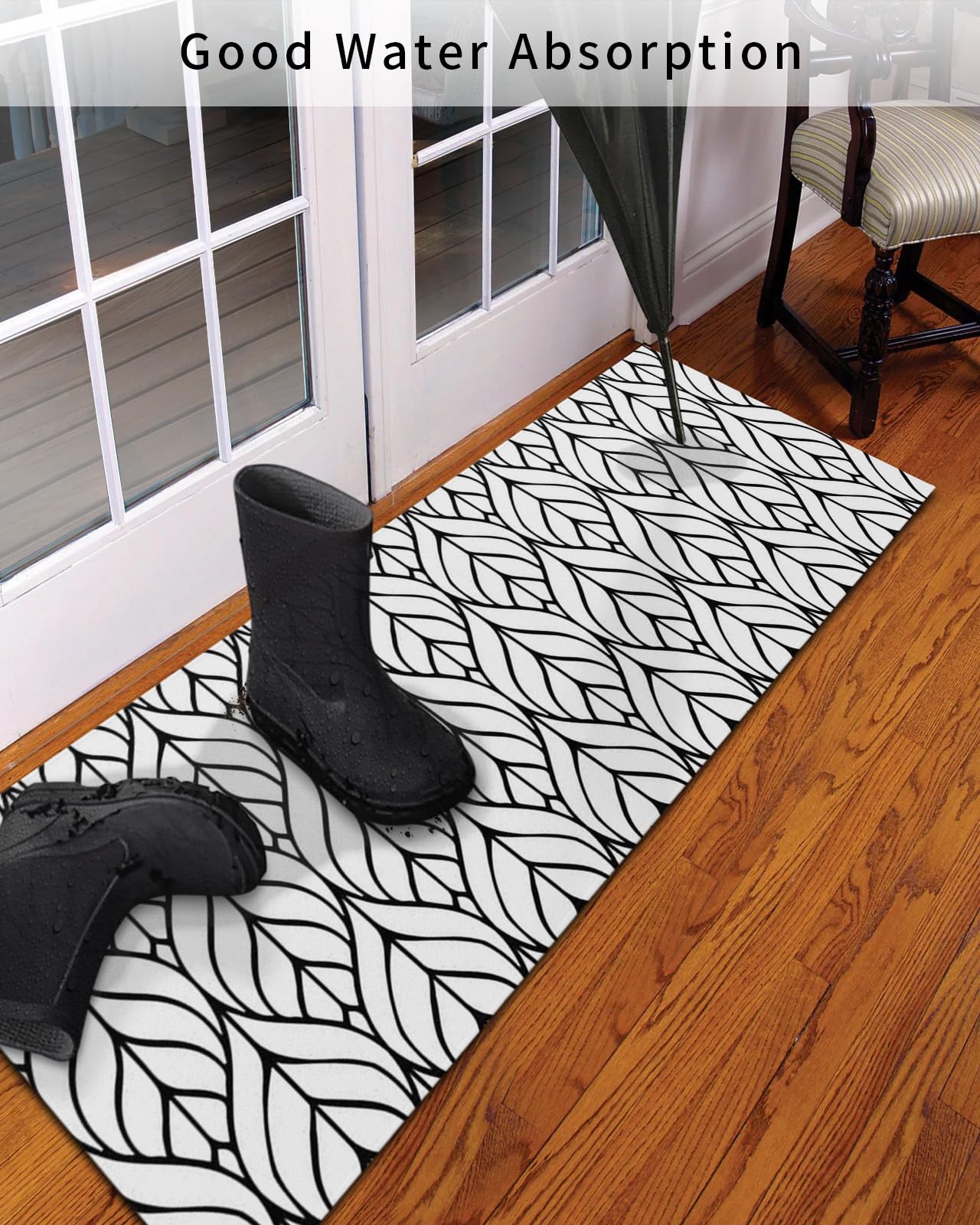 Welcome Mats, Black and White Leaf Tile Pattern Door Mat, Non-Slip Absorbent Large 20x47 Inch Outdoor Indoor Mat Low-Profile Floor Mat Doormat for Entryway/Patio/Garage