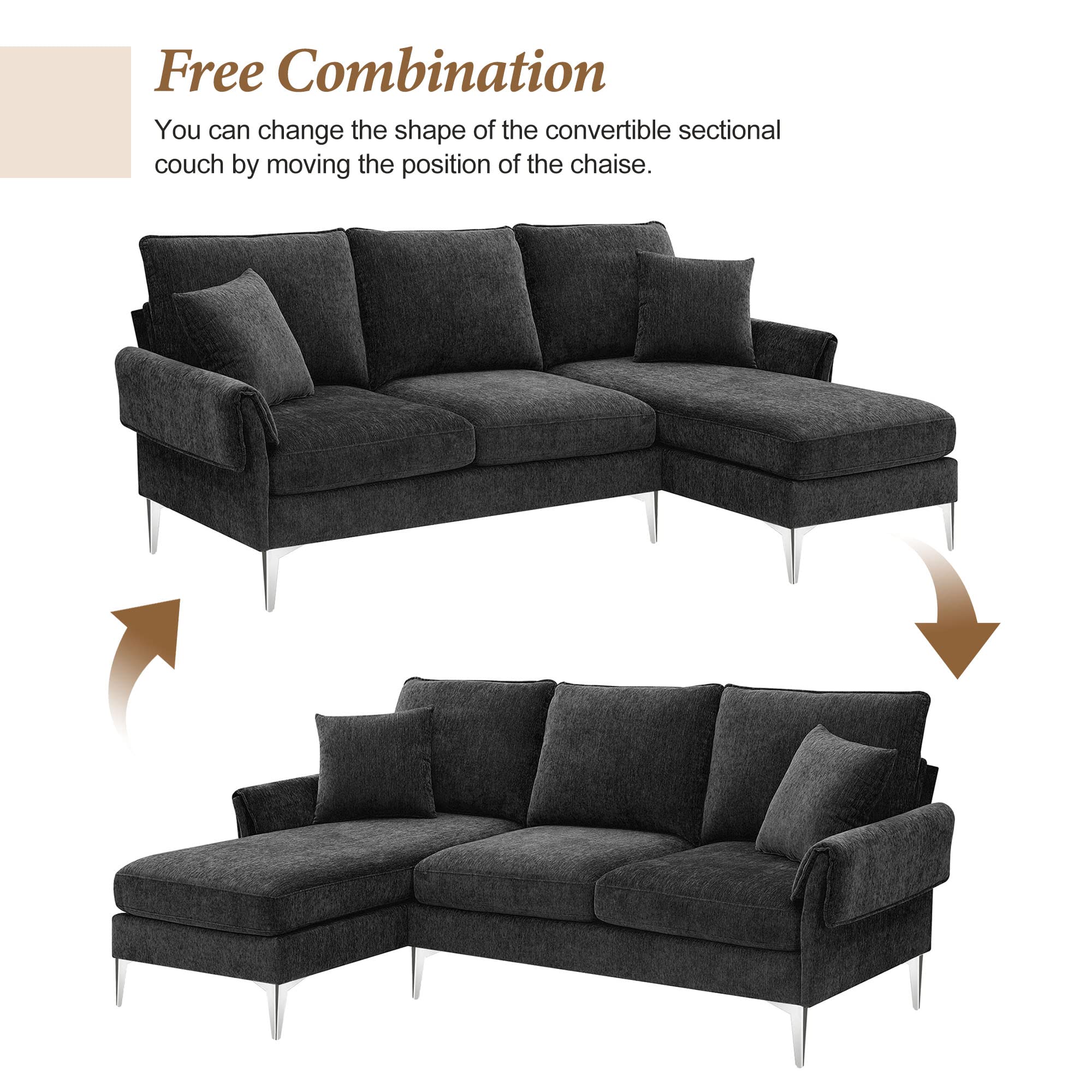 KoiHome 84" Convertible Sectional 2 Pillows, Modern Chenille L-Shaped Couch with Reversible Chaise Lounge, 3-Seater Sleeper Sofa, Fit for Living Room,Office,Apartment, Polyester, Black